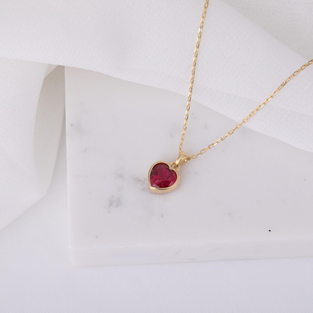 Handmade 14K Solid Gold Ruby Heart Necklace, July Birthstone Bezel ...