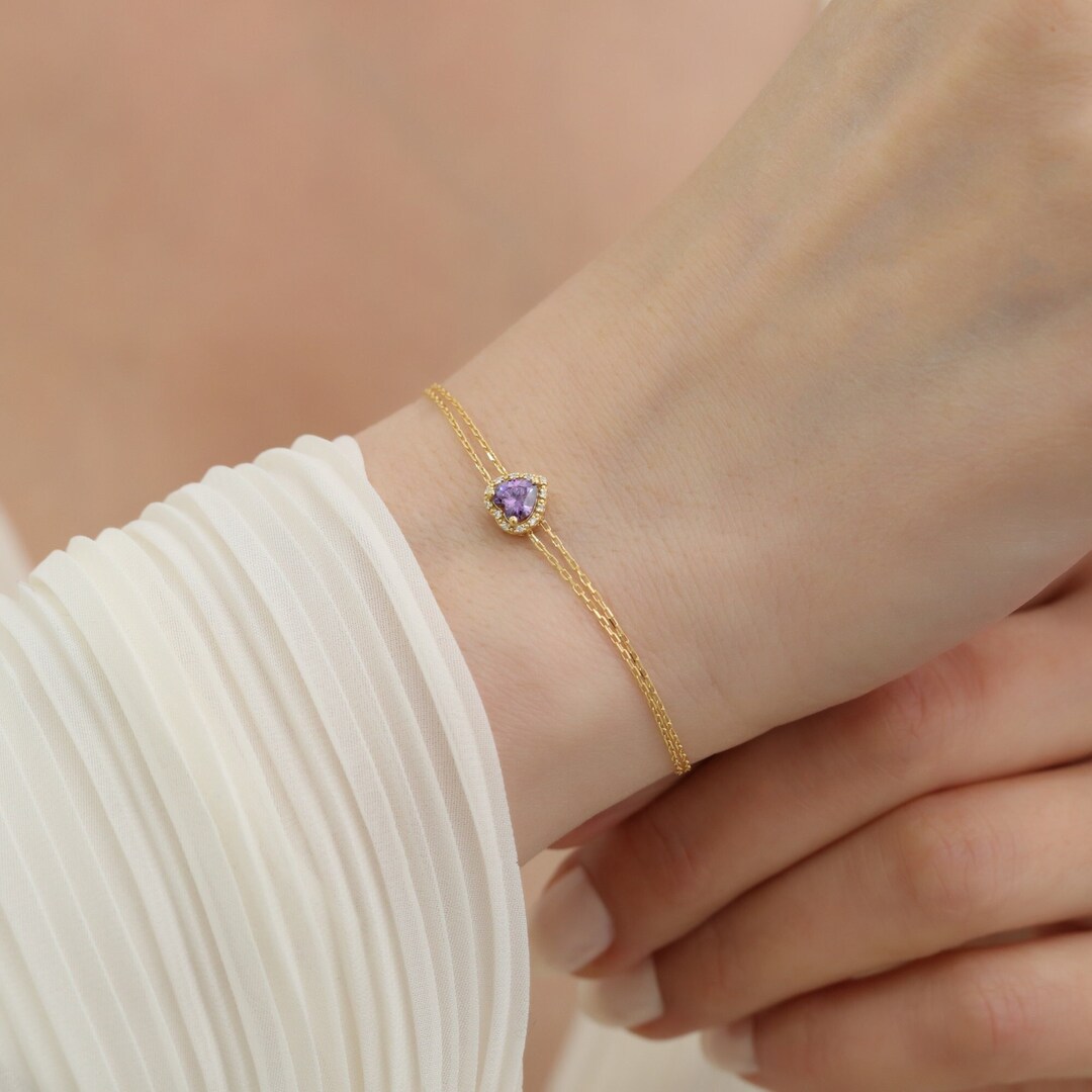 Amethyst Heart Bracelet 14K Solid Gold Real Diamond, February ...