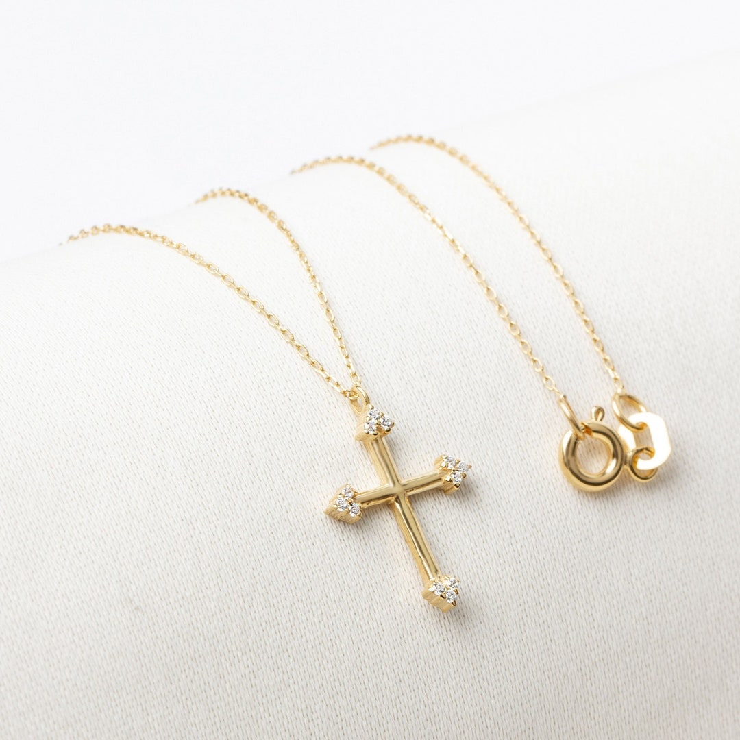 14K Solid Gold Real Diamond Cross Necklace: Minimalist Religious ...