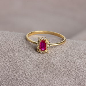 Rectangular Cut Ruby Ring With Real Diamonds 14K Solid Gold ...