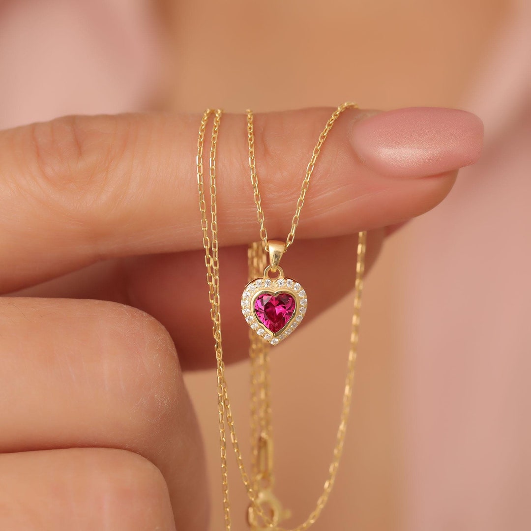 Bezel Heart Ruby Necklace, 14K Solid Gold Ruby Pendant, Real Diamond ...