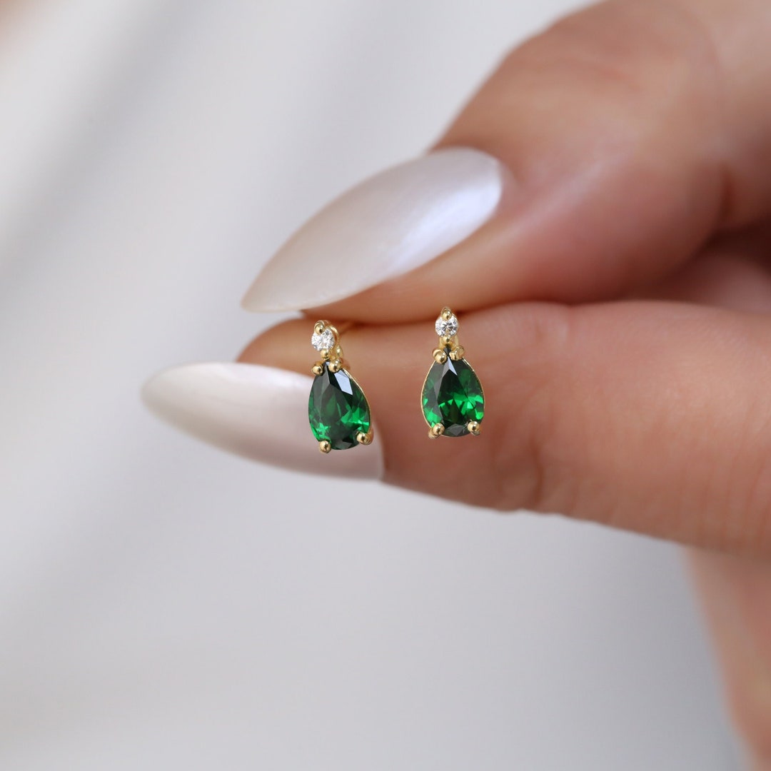 Drop Emerald Real Diamond 14K Solid Gold Earrings, Tear Drop Stud ...