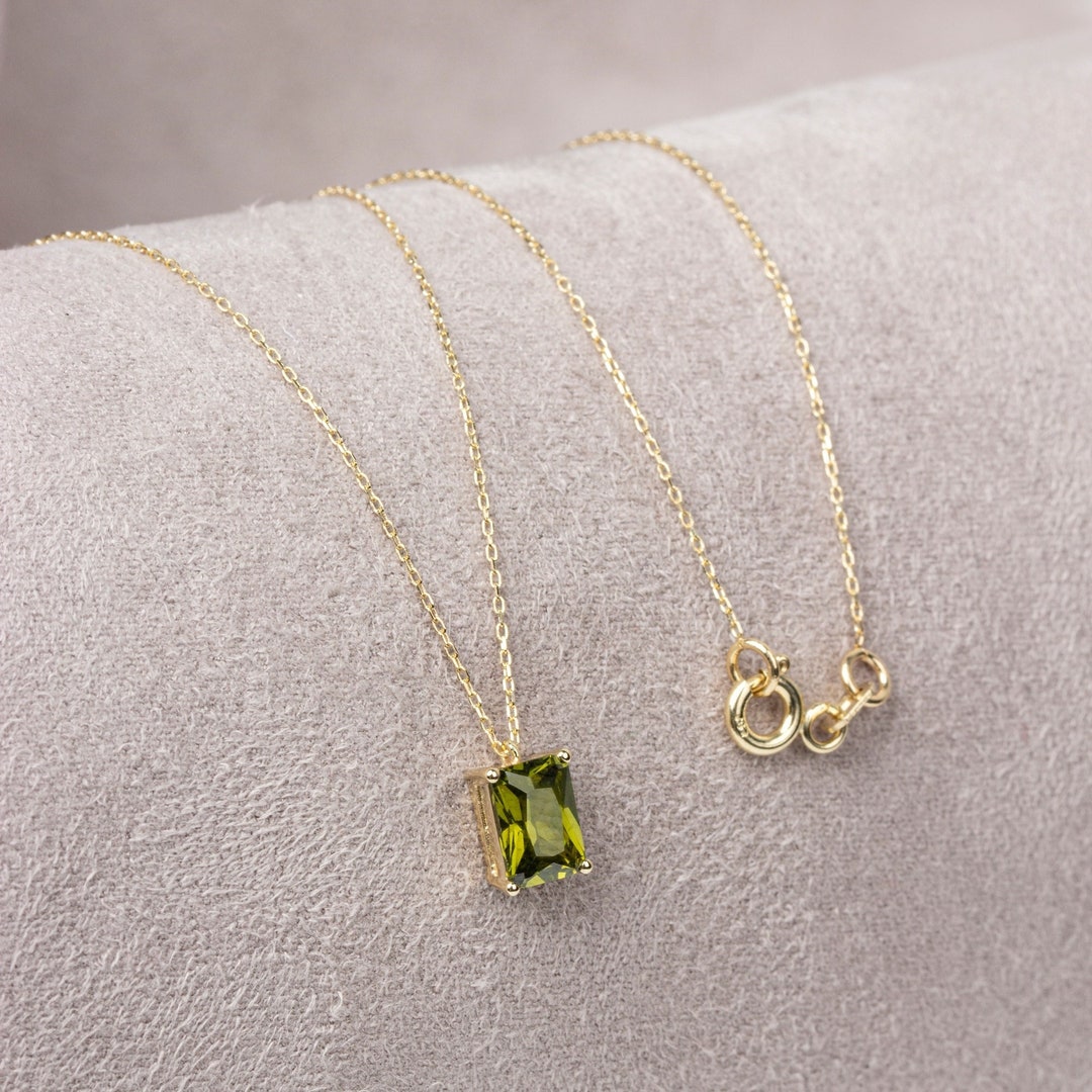 14K Solid Gold Rectangle Peridot Necklace, Minimalist Necklace ...