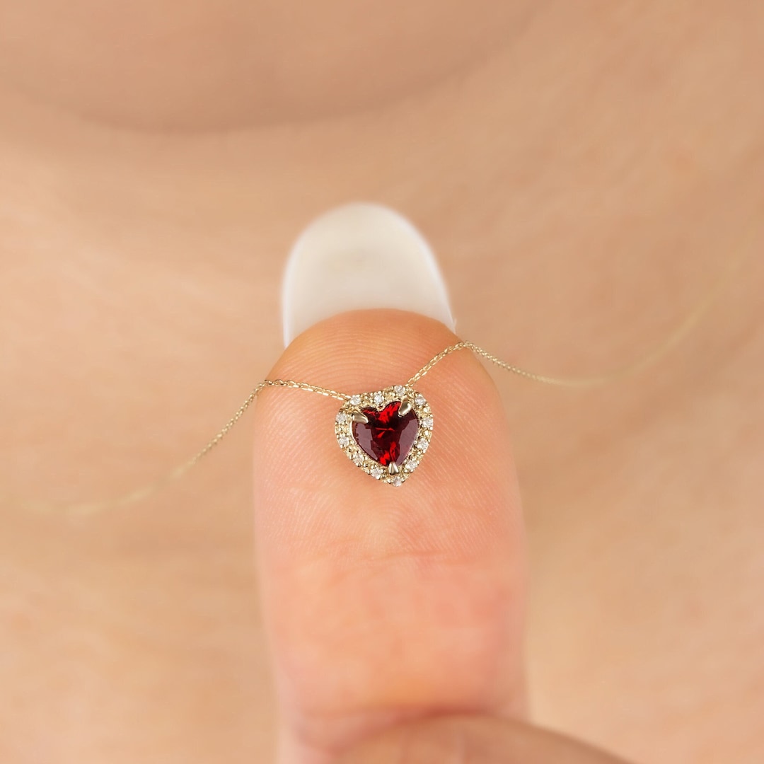 Real Diamond Heart Necklace, 14K Solid Gold Garnet Heart Necklace, Red ...