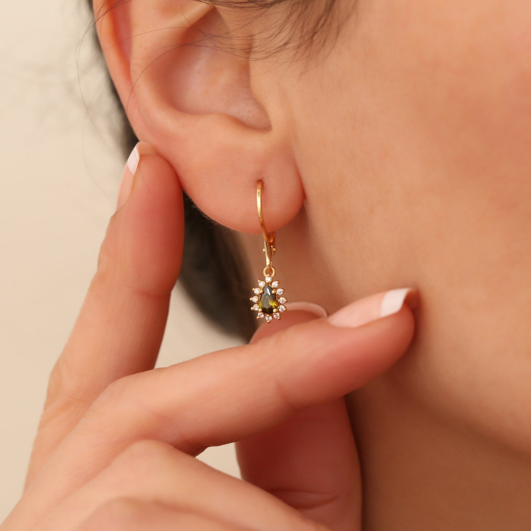 Drop Dangling Real Diamond Peridot Earring, 14K Solid Gold, August ...