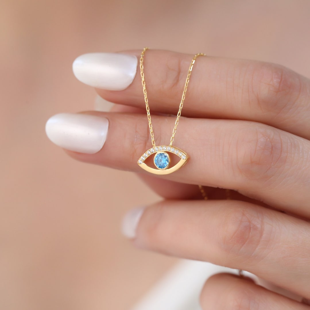 Blue Eye 14K Solid Gold Real Diamond Necklace, Blue Topaz Evil Eye ...