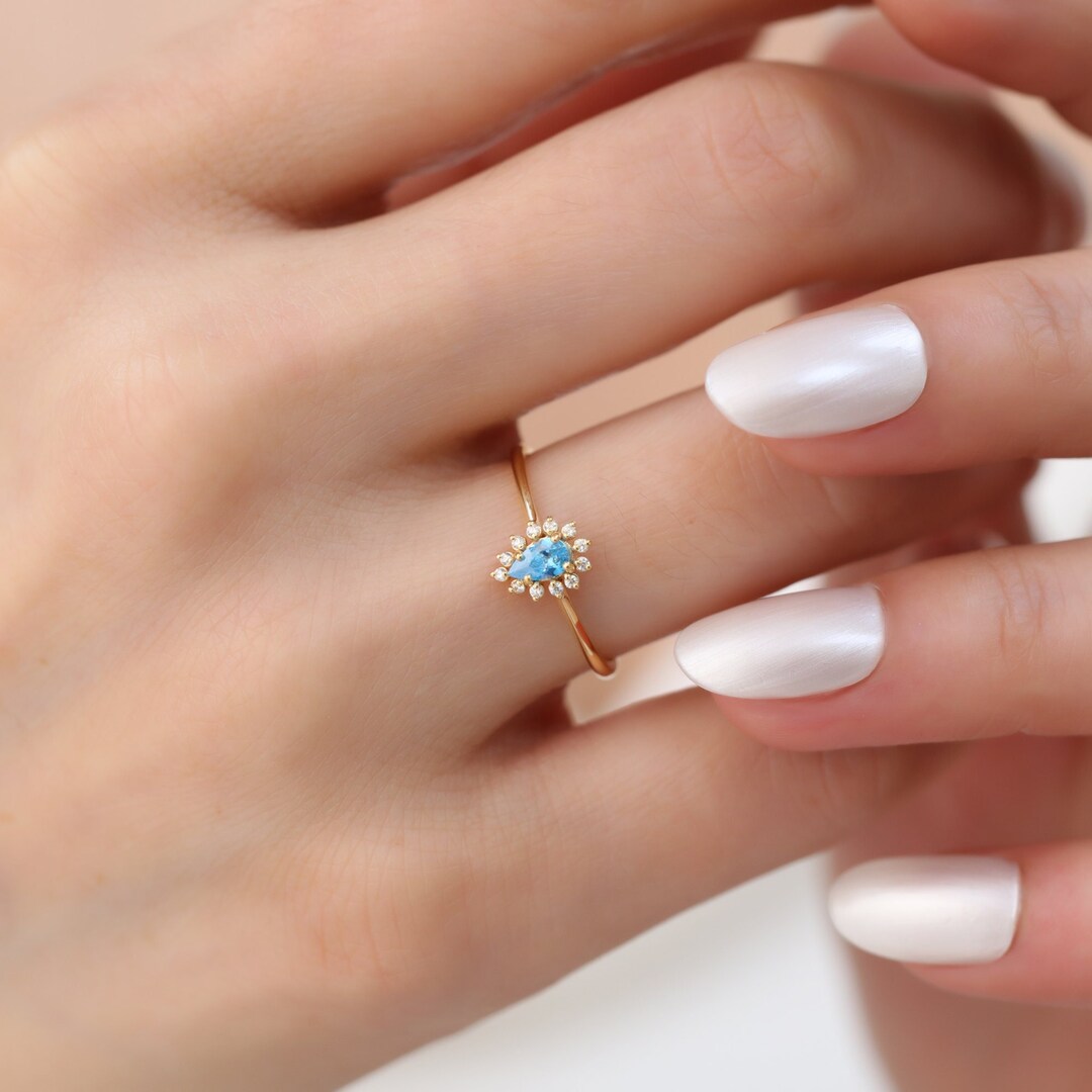 Blue Topaz Real Diamond Drop Ring, 14K 10K 8K Solid Gold December ...