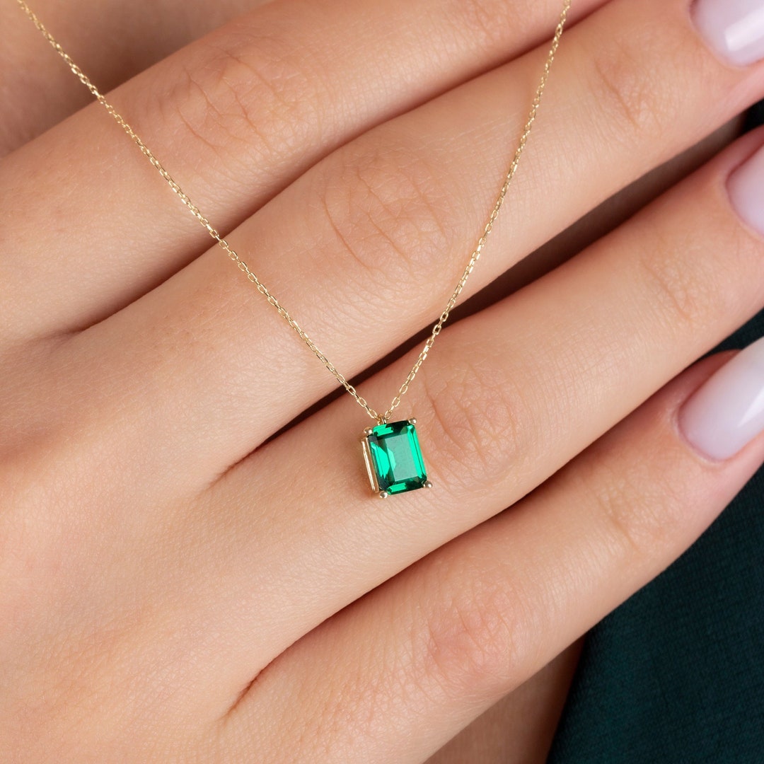 14k Solid Gold Rectangle Emerald Necklace Minimalist - Etsy