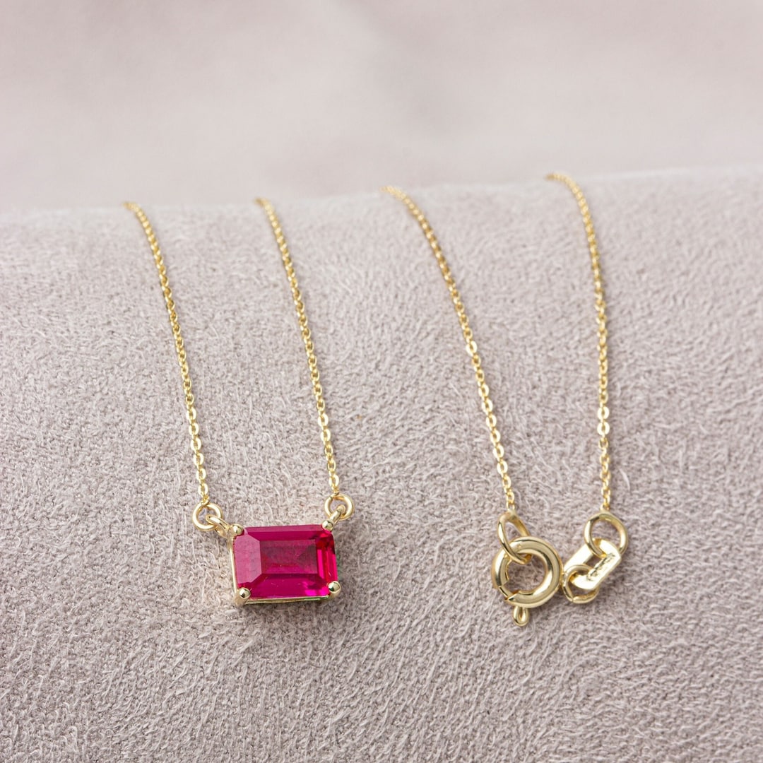 Elegant 14K Solid Gold Ruby Necklace, Minimalist Horizontal Rectangle ...