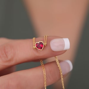 Ruby Heart Bracelet, 14K Solid Gold Bezel Heart Bracelet for Lovers ...
