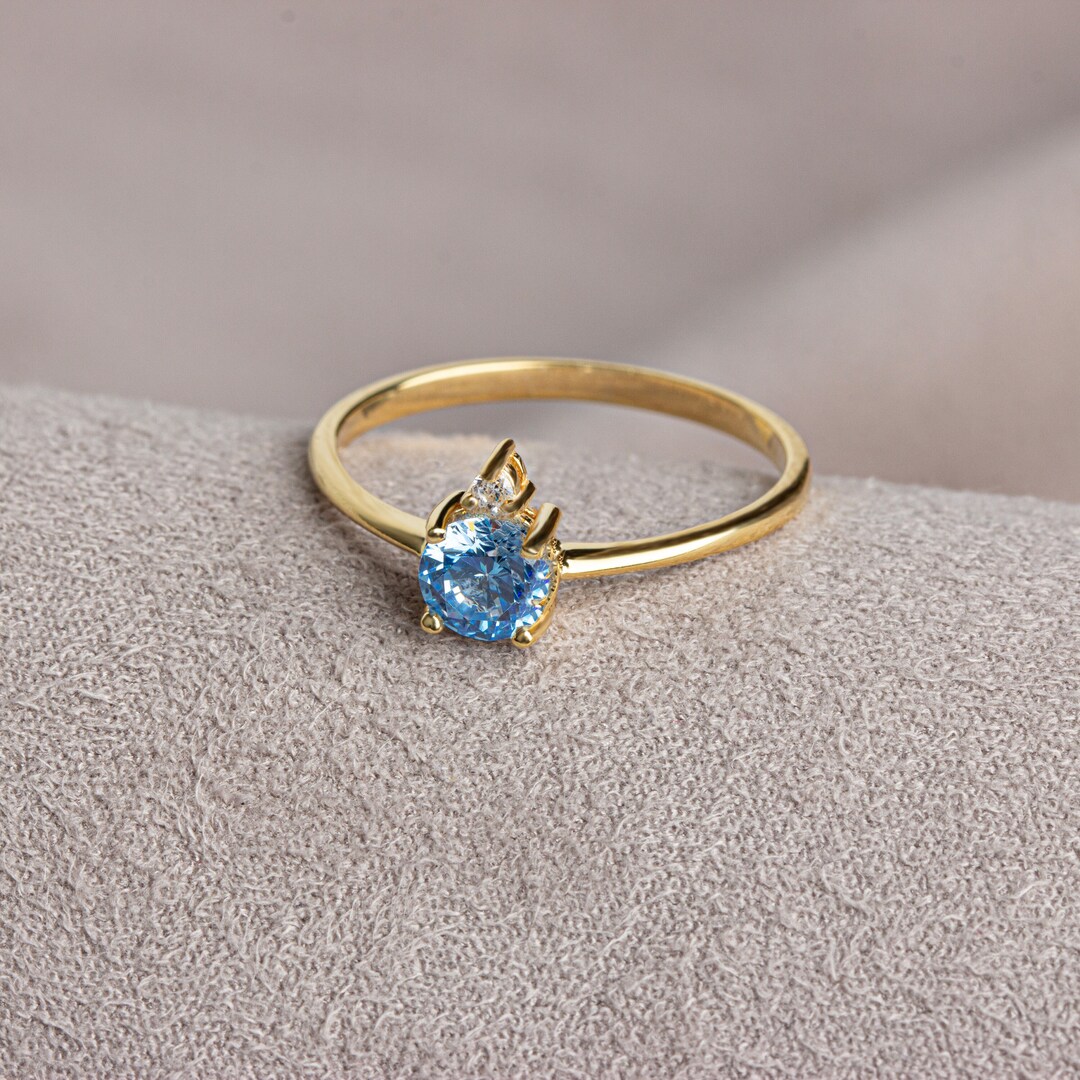 14K Solid Gold Real Diamond Solitaire Round Aquamarine Ring,birthstone ...
