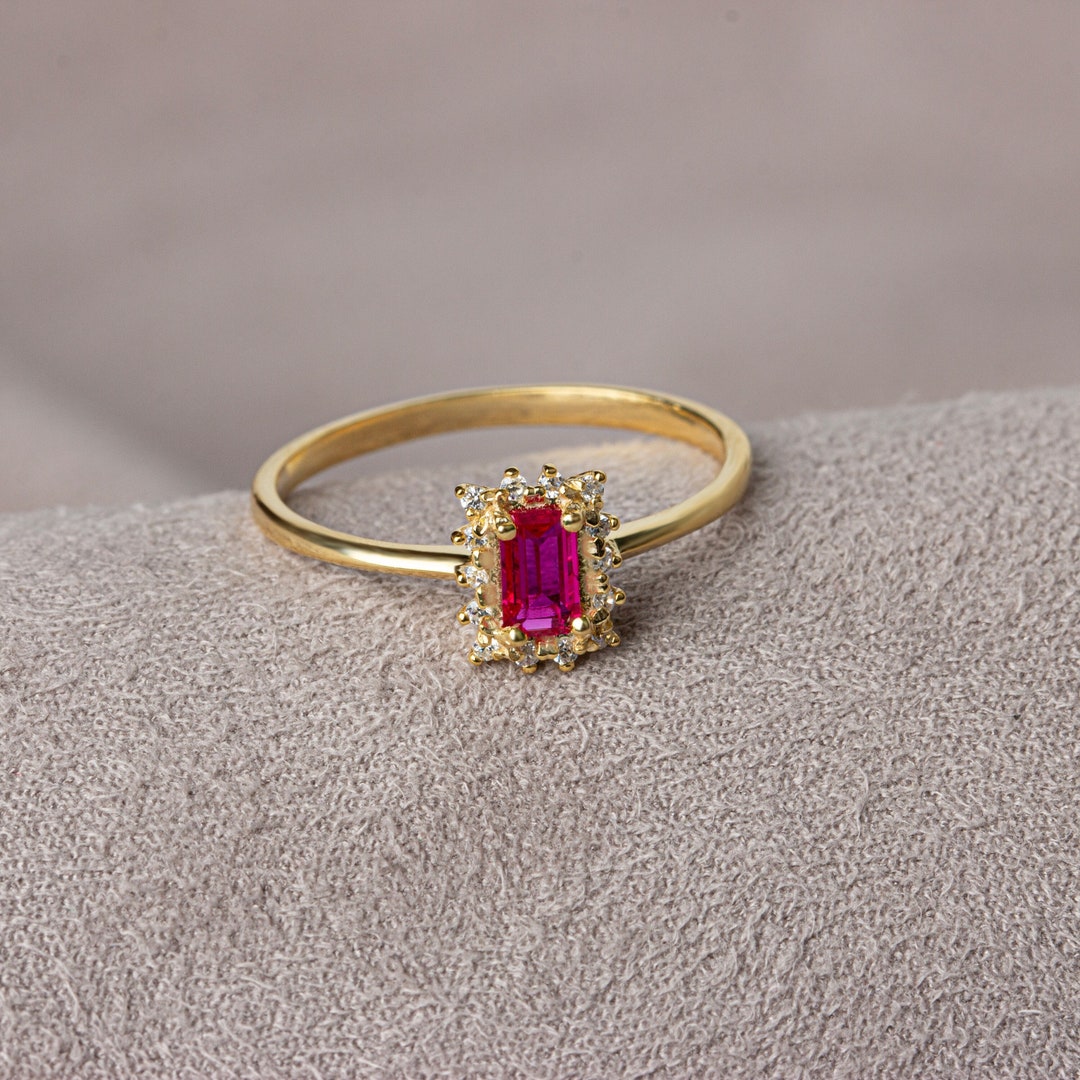 Rectangular Cut Ruby Ring With Real Diamonds 14K Solid Gold ...