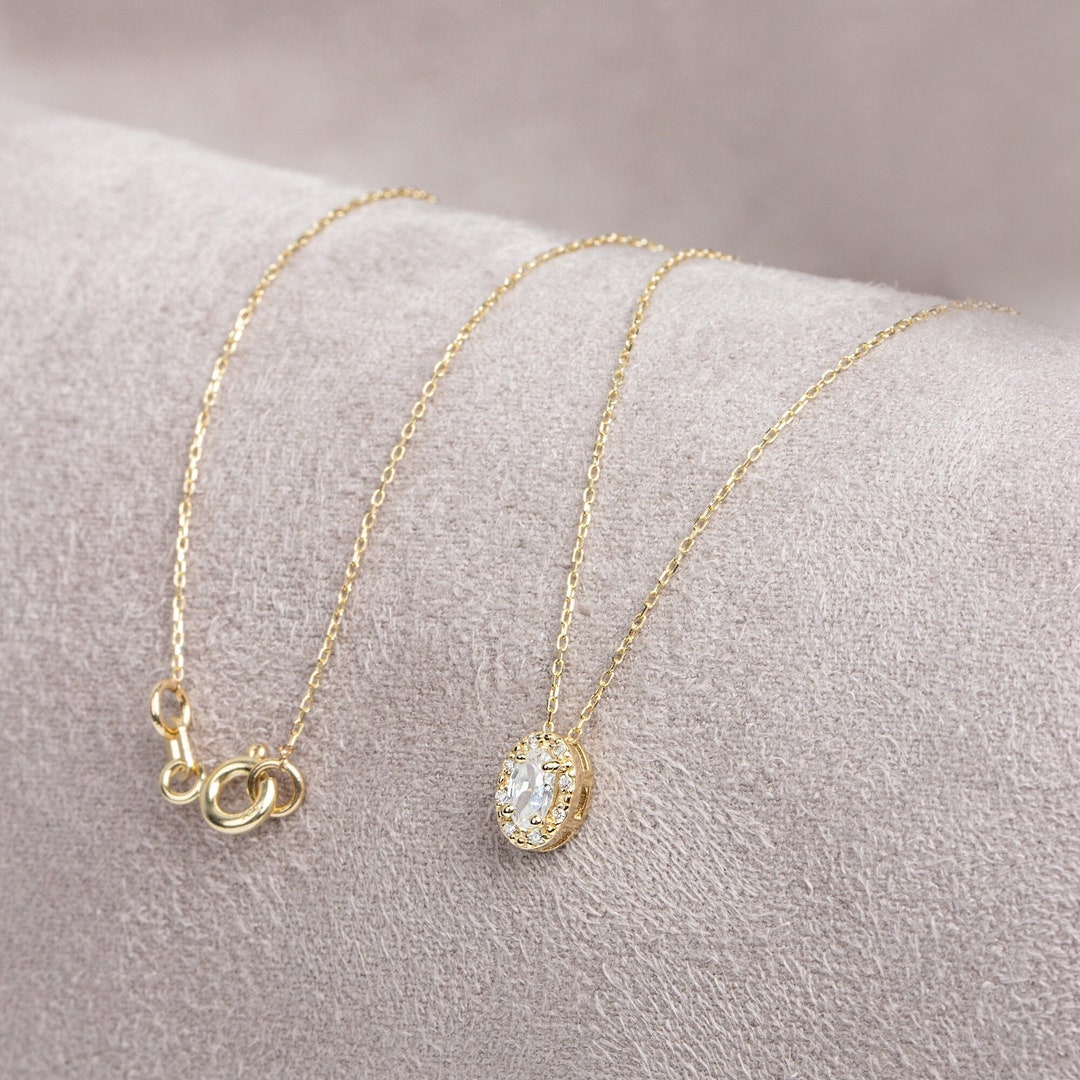 Oval White Topaz Real Diamond Necklace: 14K Solid Gold April Birthstone ...