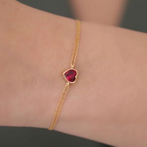 Ruby Heart Bracelet, 14K Solid Gold Bezel Heart Bracelet for Lovers ...