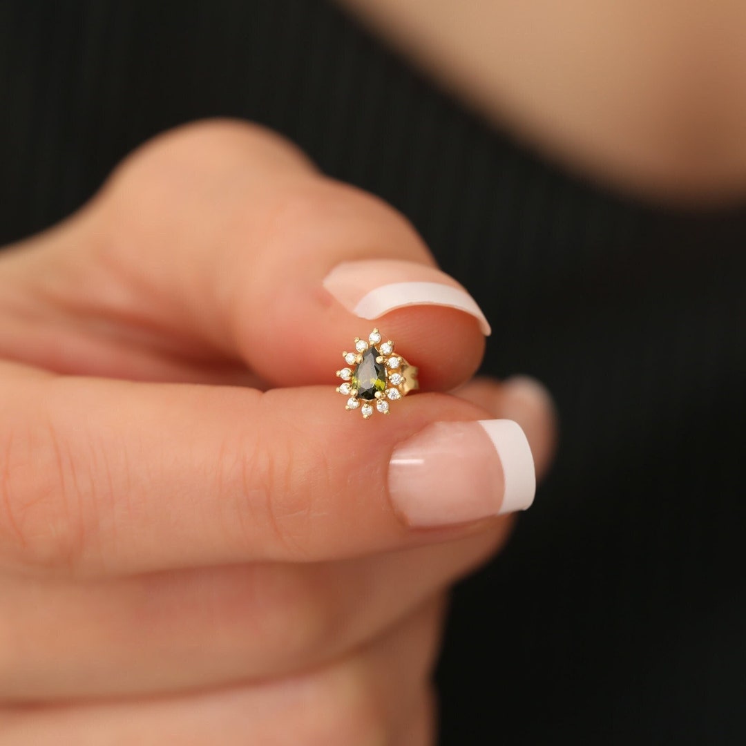 Drop Real Diamond Stud Earring, 14K Solid Gold Peridot Earring, August ...