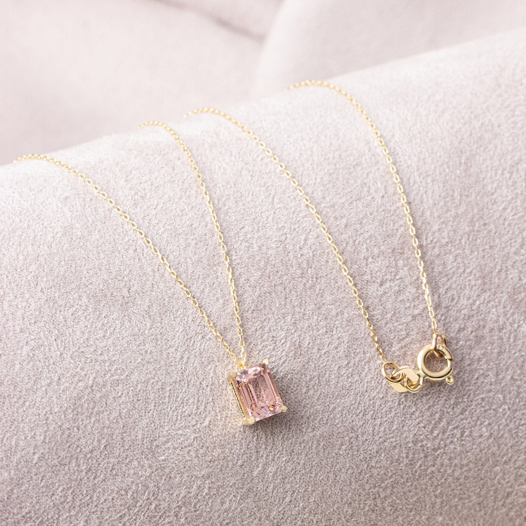 14K Solid Gold Rectangular Pink Tourmaline Necklace, Minimalist ...