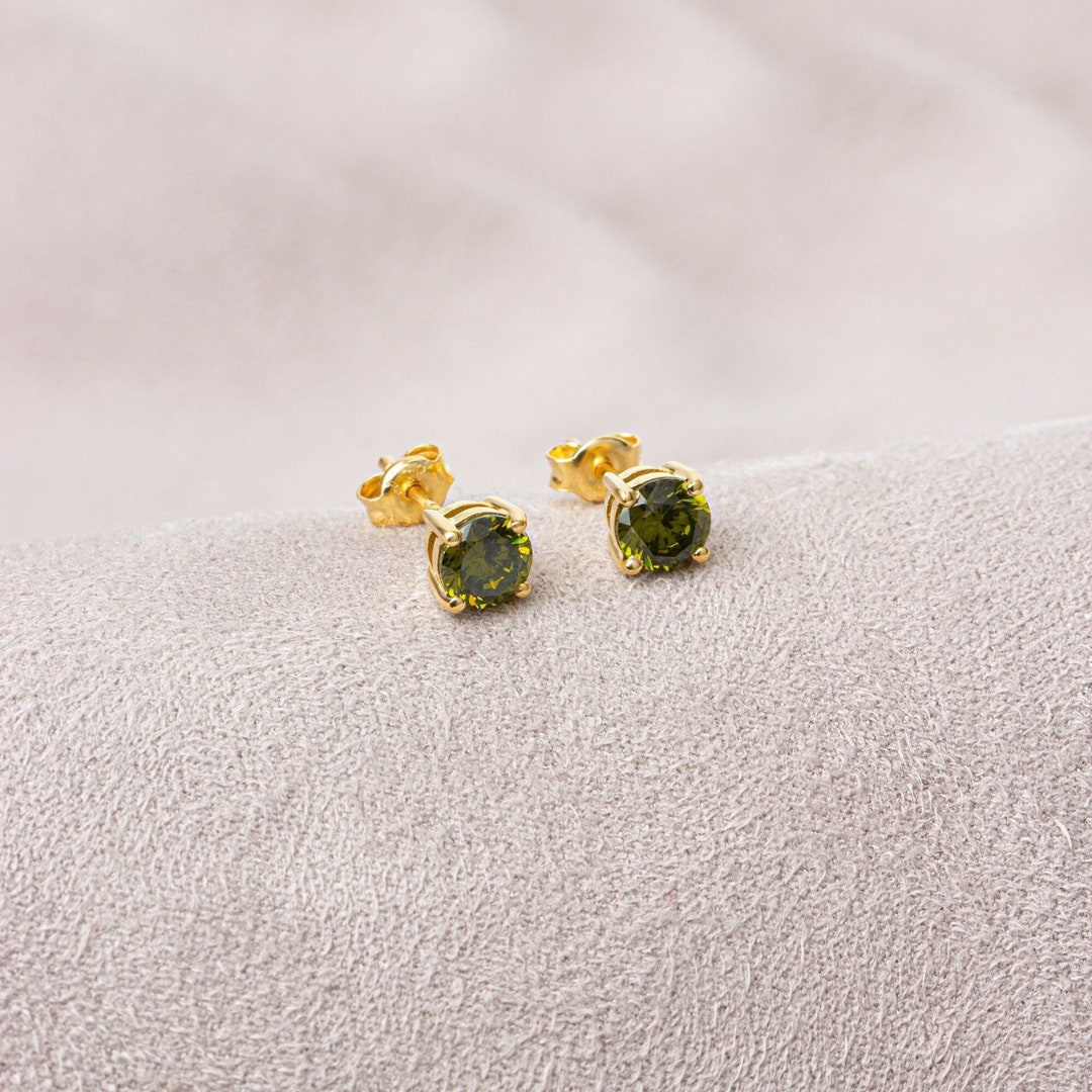 Round Peridot Stud Earring 14K 10K Solid Gold, August Birthstone ...