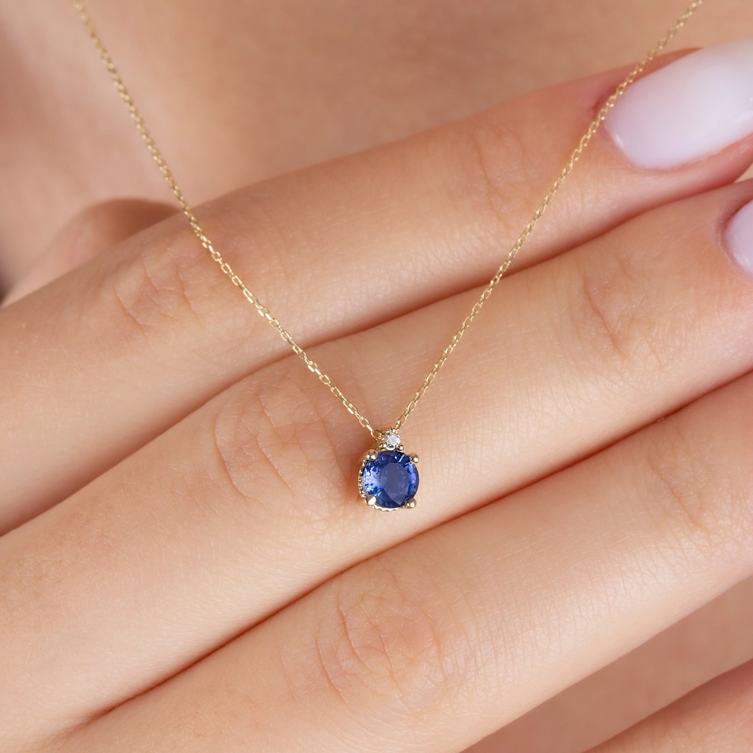 Solitaire Real Diamond 14K 10K 8K Solid Gold Sapphire Necklace ...