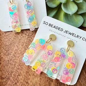 Smiley Face Dangle Earrings Rainbow Resin Pastel - Etsy