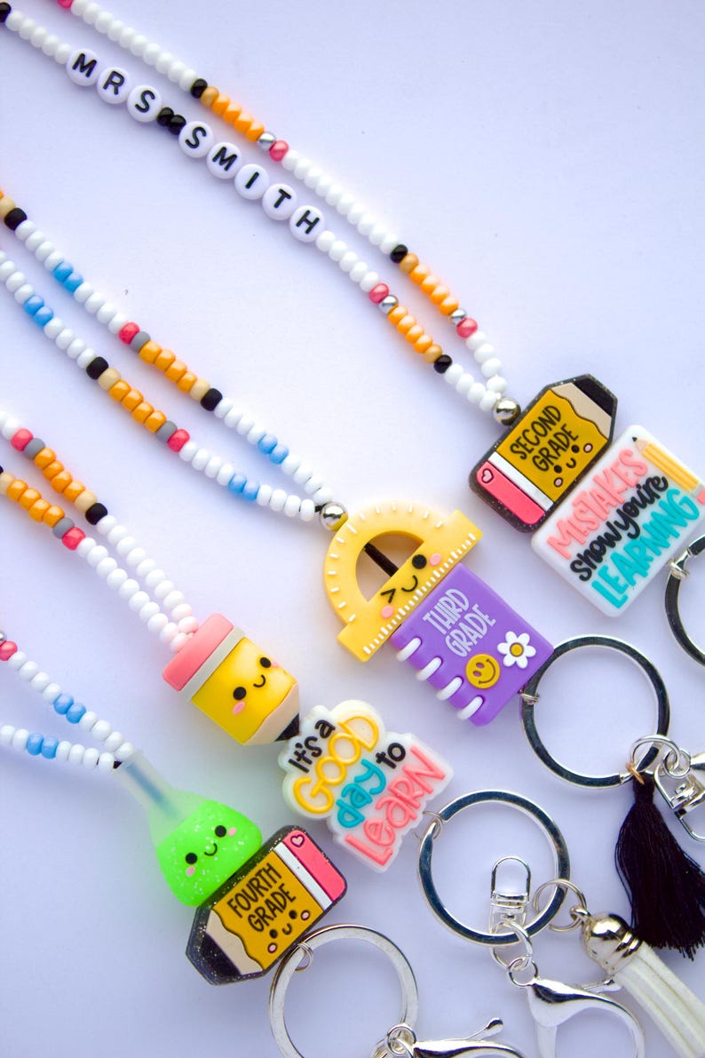Teacher Pencil Lanyard: Seed Bead Grade Level Lanyard, Customized ID ...