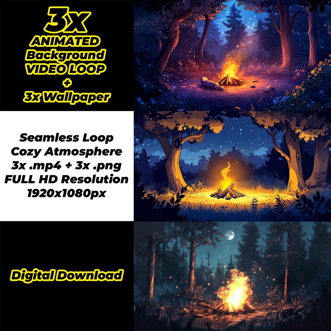 3x ANIMATED Virtual Background VIDEO LOOP | Forest Campfire | Bonfire ...