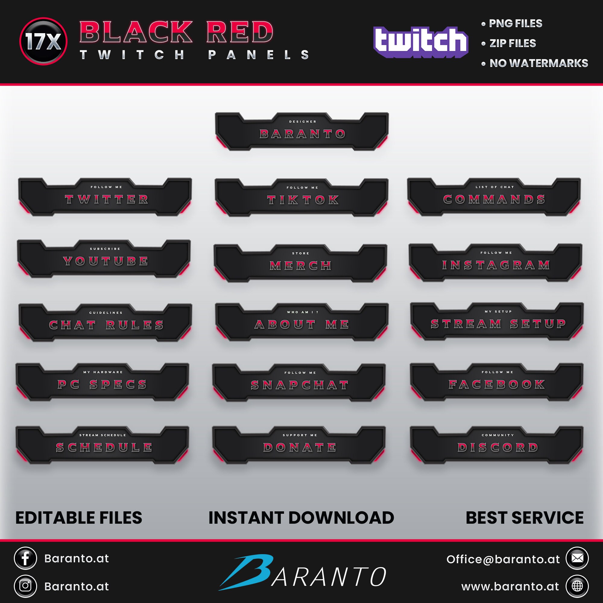 17x Black Red Twitch Panels Pack Dark Clean & Modern Instant Download ...
