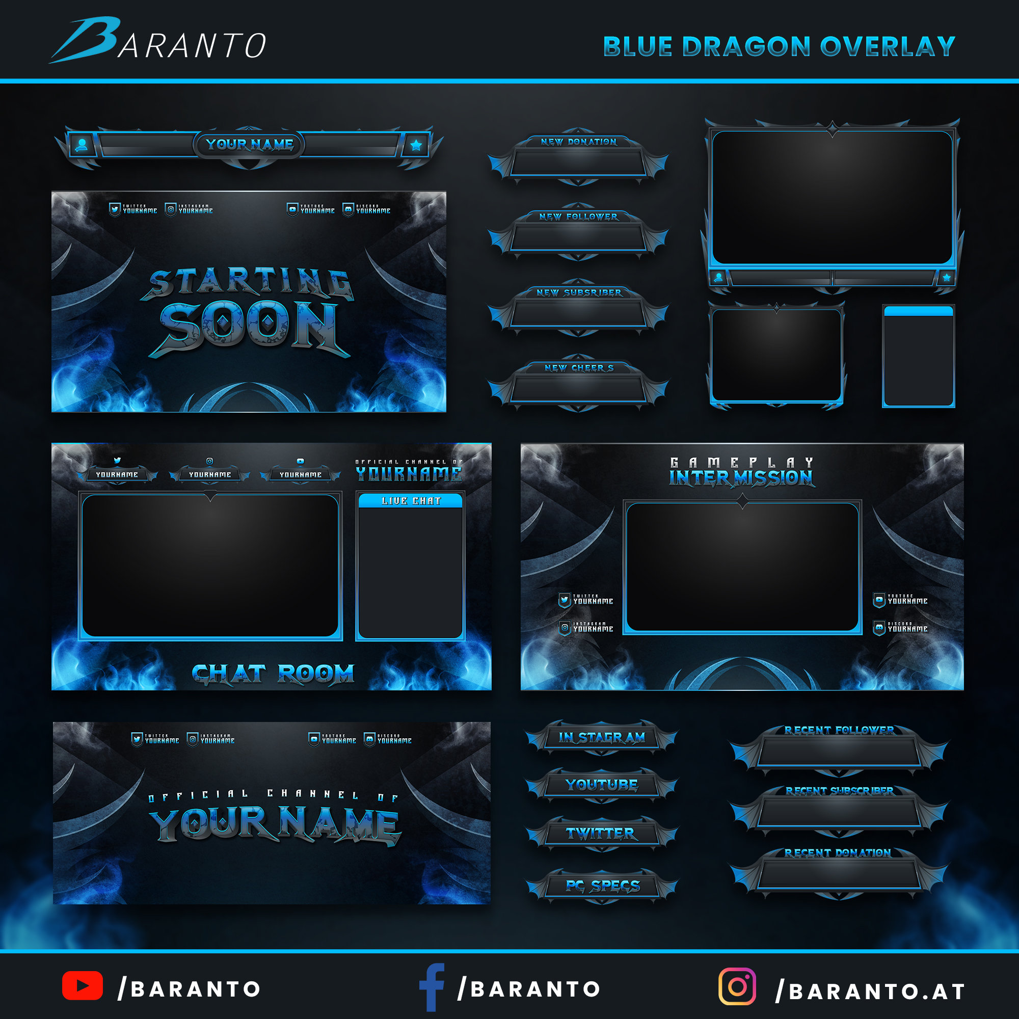Animated Blue Dragon Overlay Twitch Package Custom Names Instant ...
