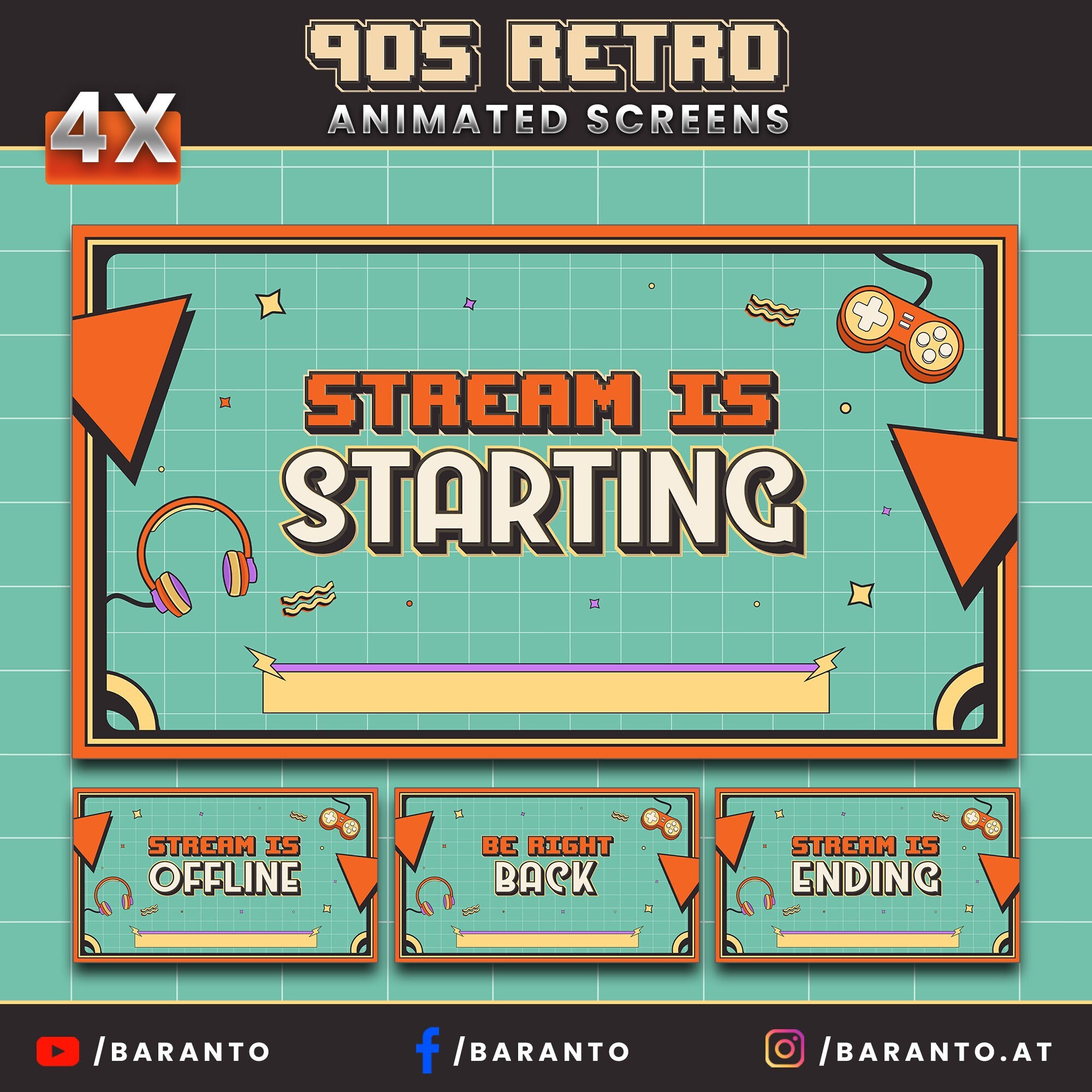 4x Animated 90s Retro Screen Overlays Starting Soon Brb Ending Offline ...