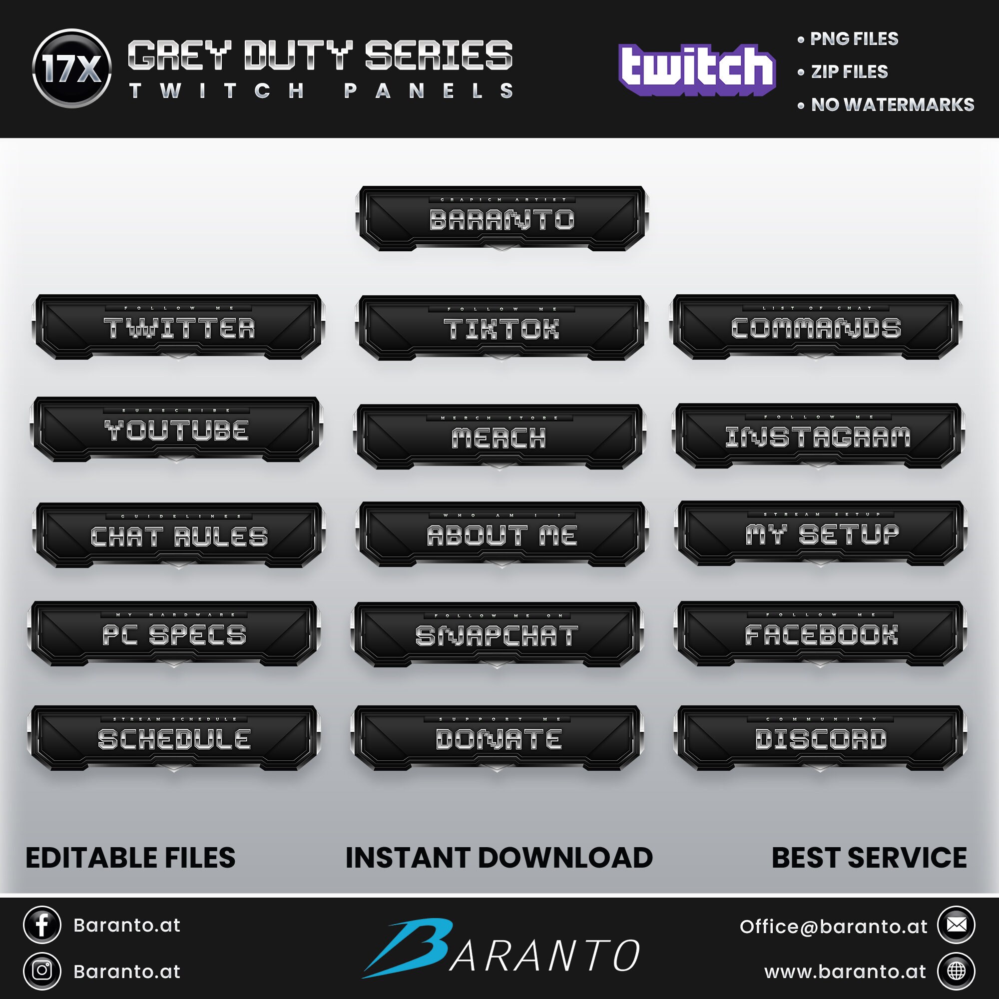 17x Twitch Panels Pack Black Gray Duty Series Clean & Modern Instant ...