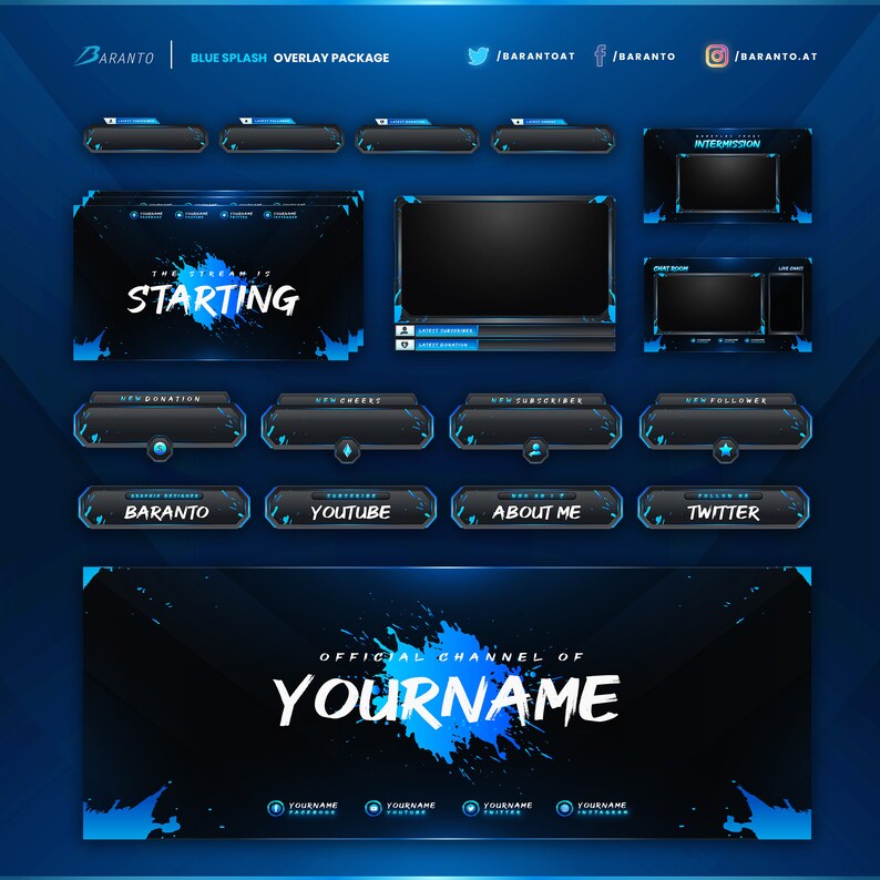 Animated Blue Splash Overlay Twitch Package Instant Download / Ready to ...