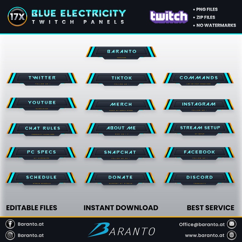 17x Blue Electricity Twitch Panels Pack Dark Clean & Modern Instant ...