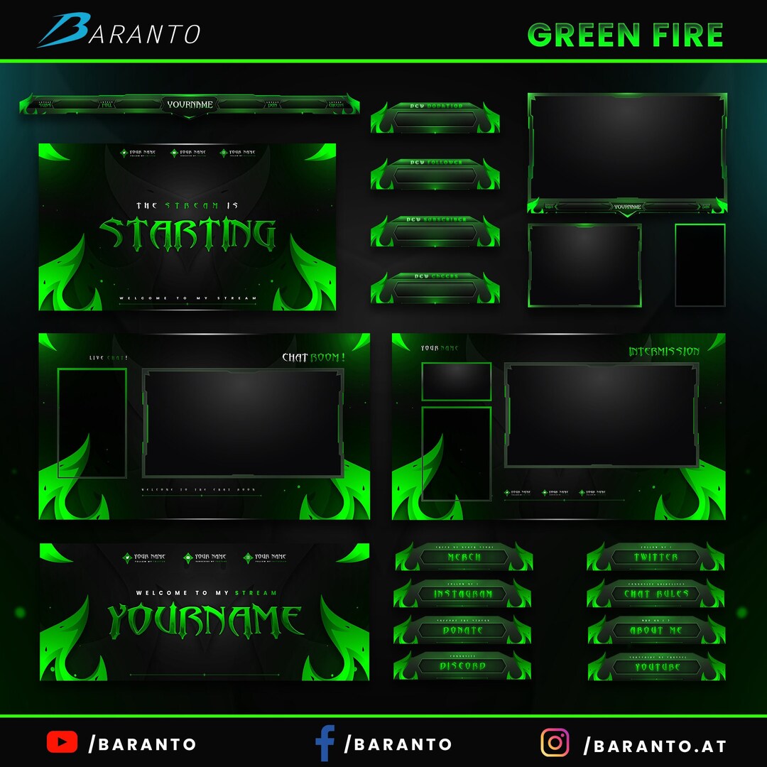 Animated Green Fire Twitch Overlay Package | Custom Names | Instant ...