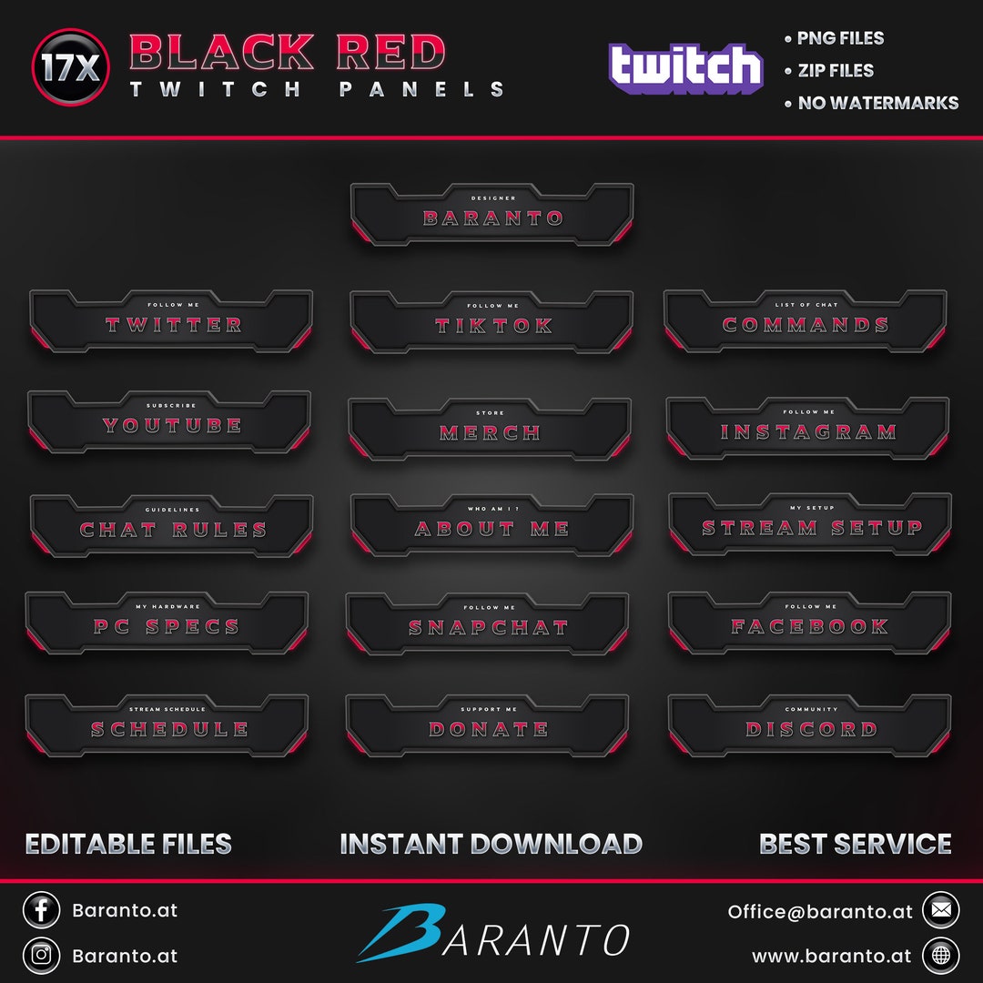 17x Black Red Twitch Panels Pack | Dark | Streaming Twitch Panel ...