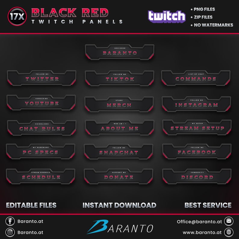 17x Black Red Twitch Panels Pack | Dark | Streaming Twitch Panel ...