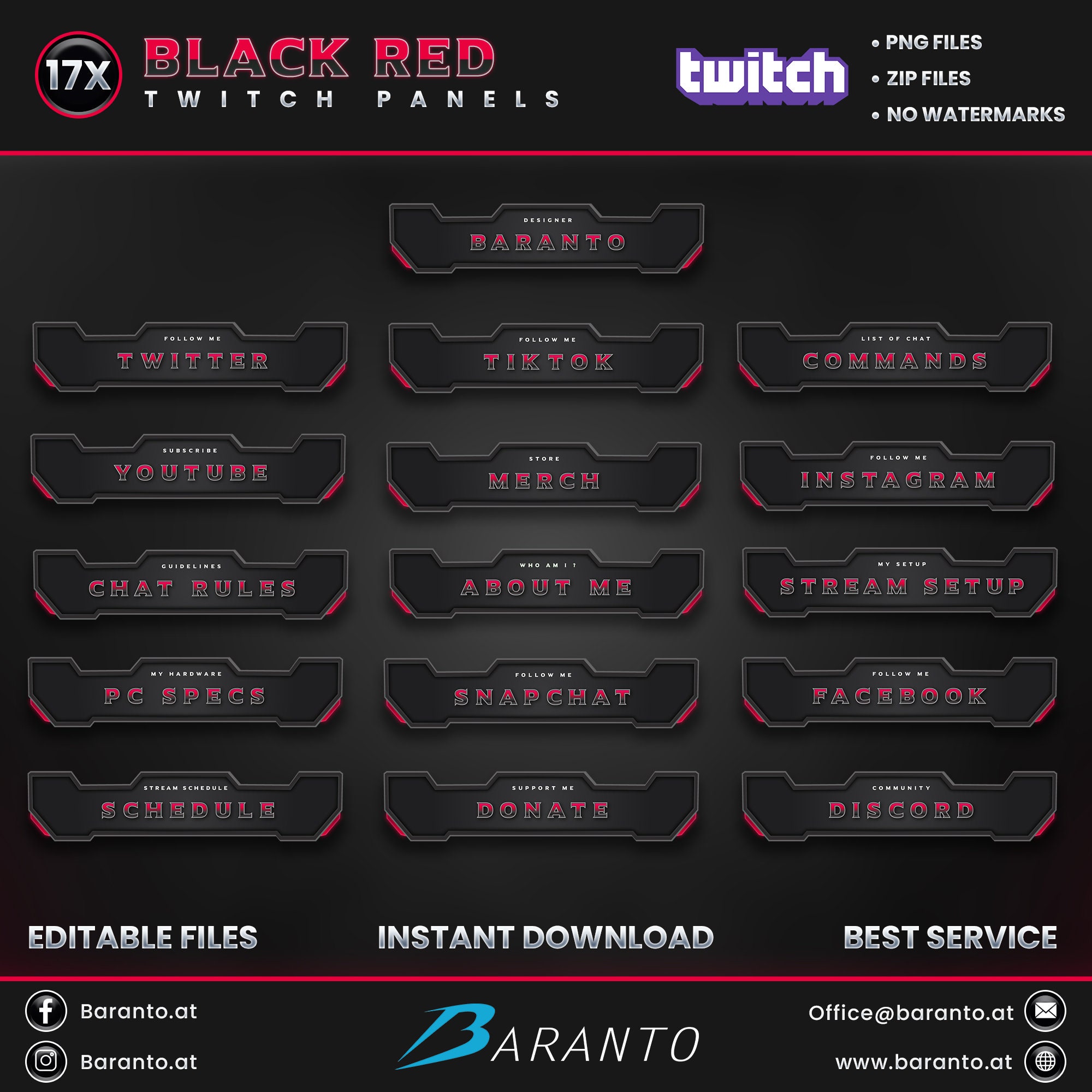 17x Black Red Twitch Panels Pack Dark Clean & Modern Instant Download ...