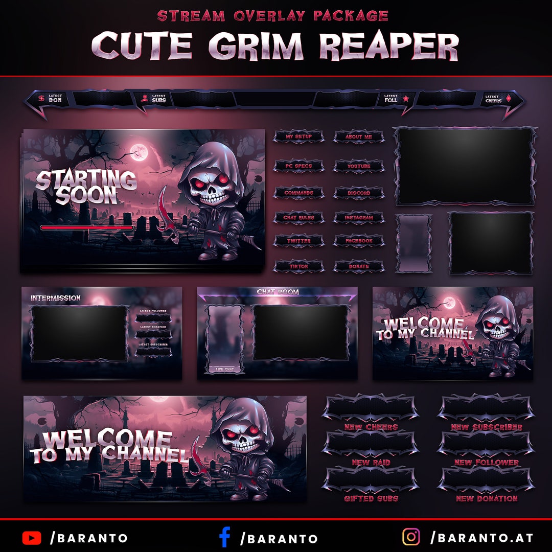 Animated Cute Grim Reaper Overlay Twitch Package | Instant Download ...