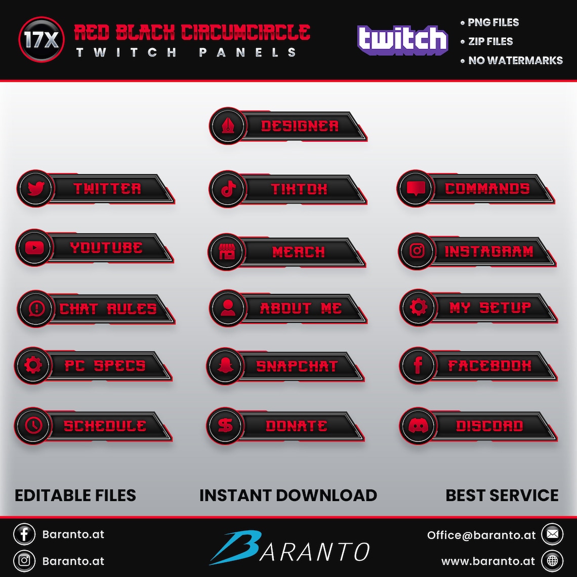 17x Twitch Panels Pack Red Black Circumcircle Series Clean & Modern ...