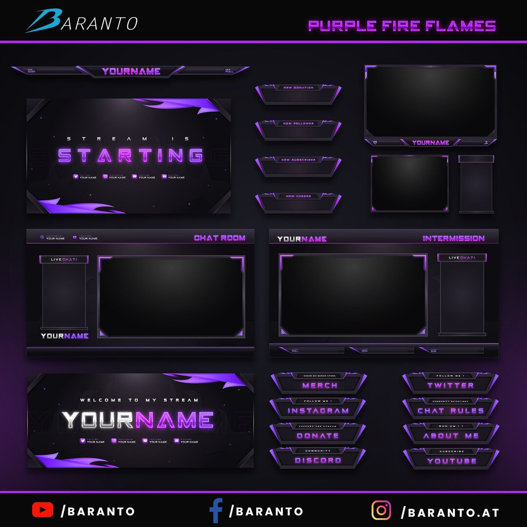 Animated Purple Fire Flames Twitch Overlay Package Custom Names Instant ...