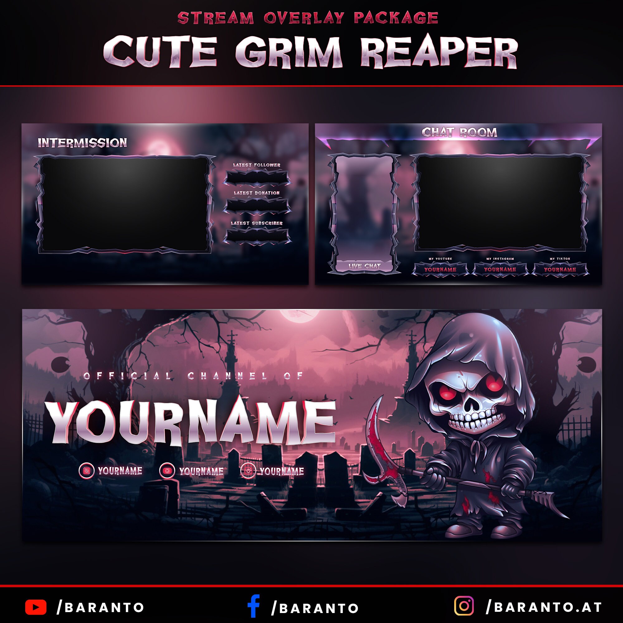 Animated Cute Grim Reaper Halloween Twitch Overlay Package Custom Names ...