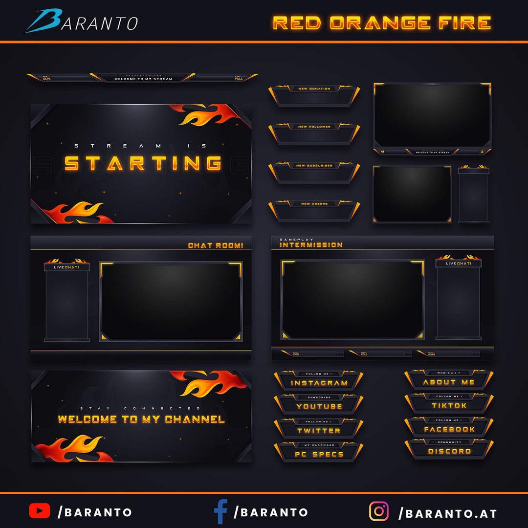 Animated Black Red Orange Overlay Twitch Package | Instant Download ...