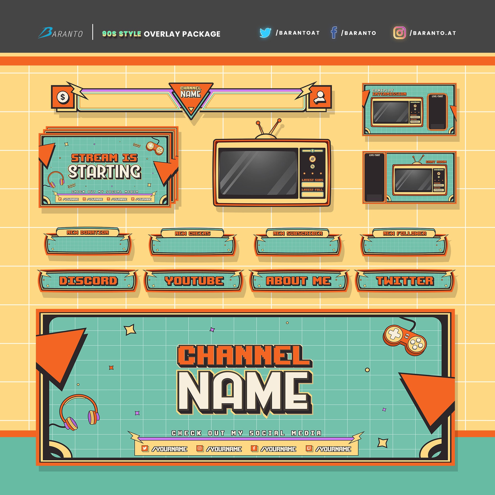 Animated 90s Retro Overlay Twitch Package Instant Download / Ready to Use Streamer Streaming ...