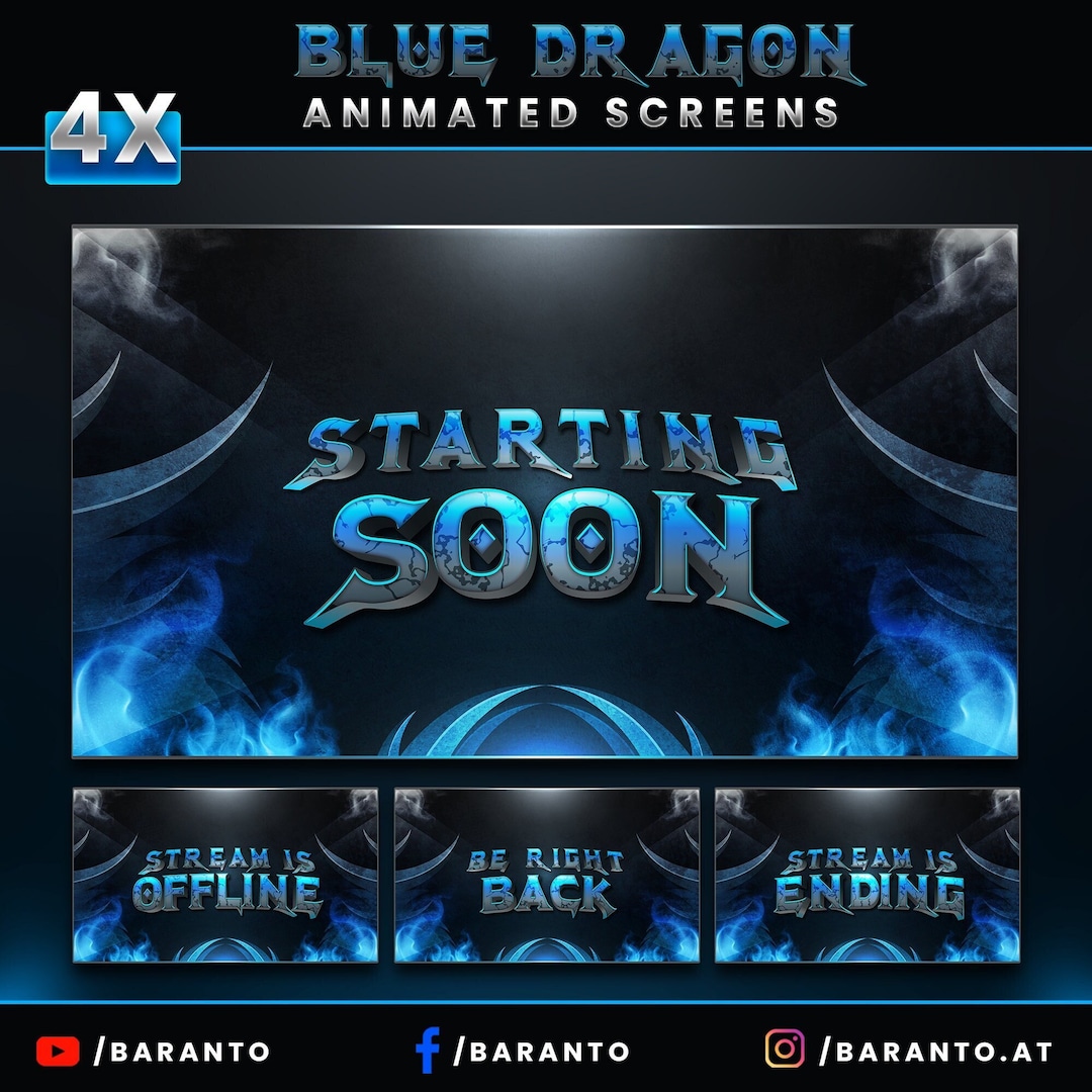 4x Animated Blue Dragon Screen Overlays | Starting Soon | Brb | Ending ...