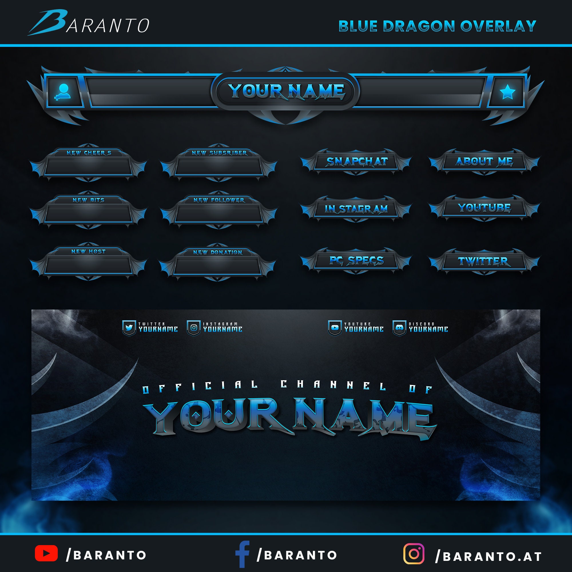 Animated Blue Dragon Overlay Twitch Package Custom Names - Etsy