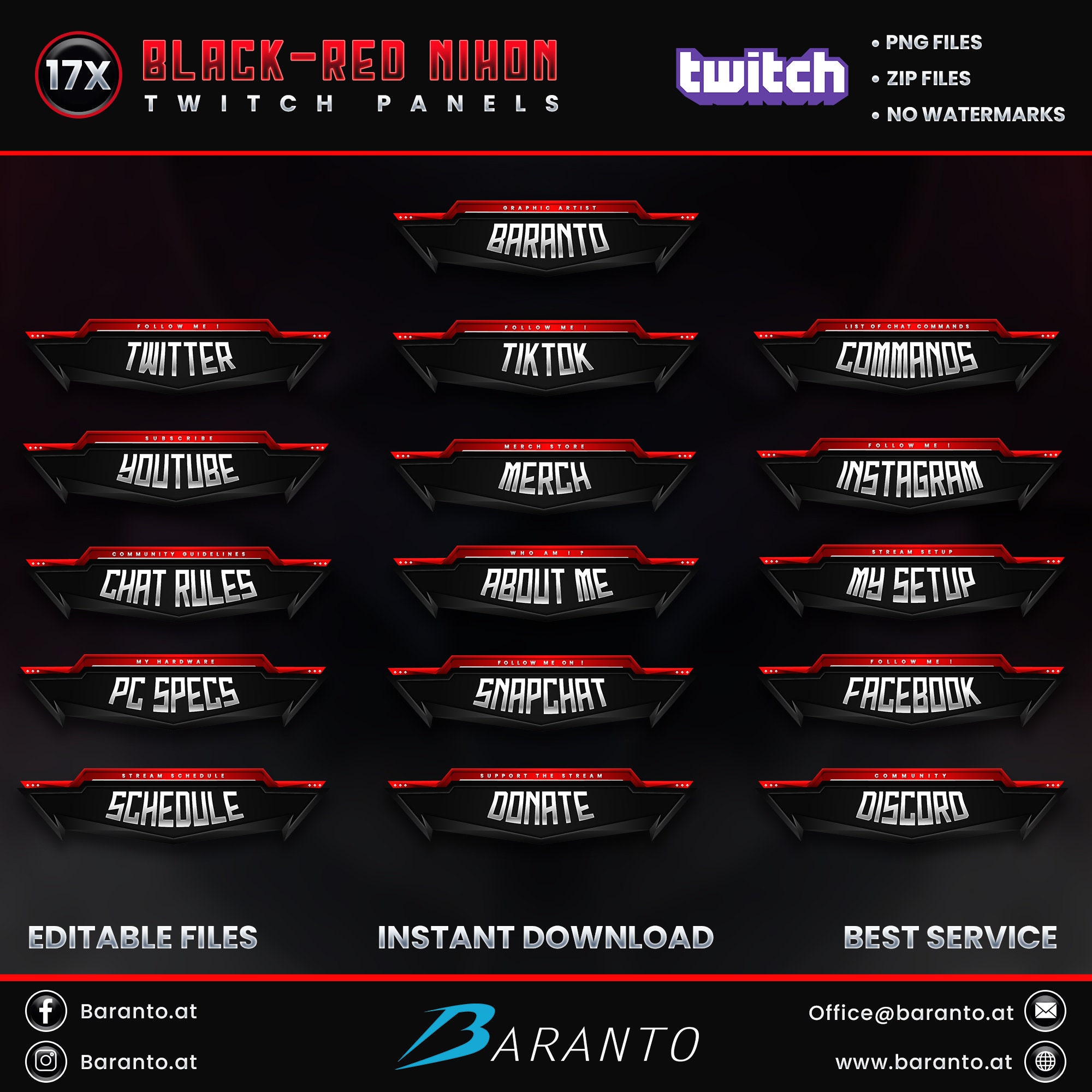 17x Twitch Panels Pack Black Red Nihon Series Twitch Panel Stream Panel ...