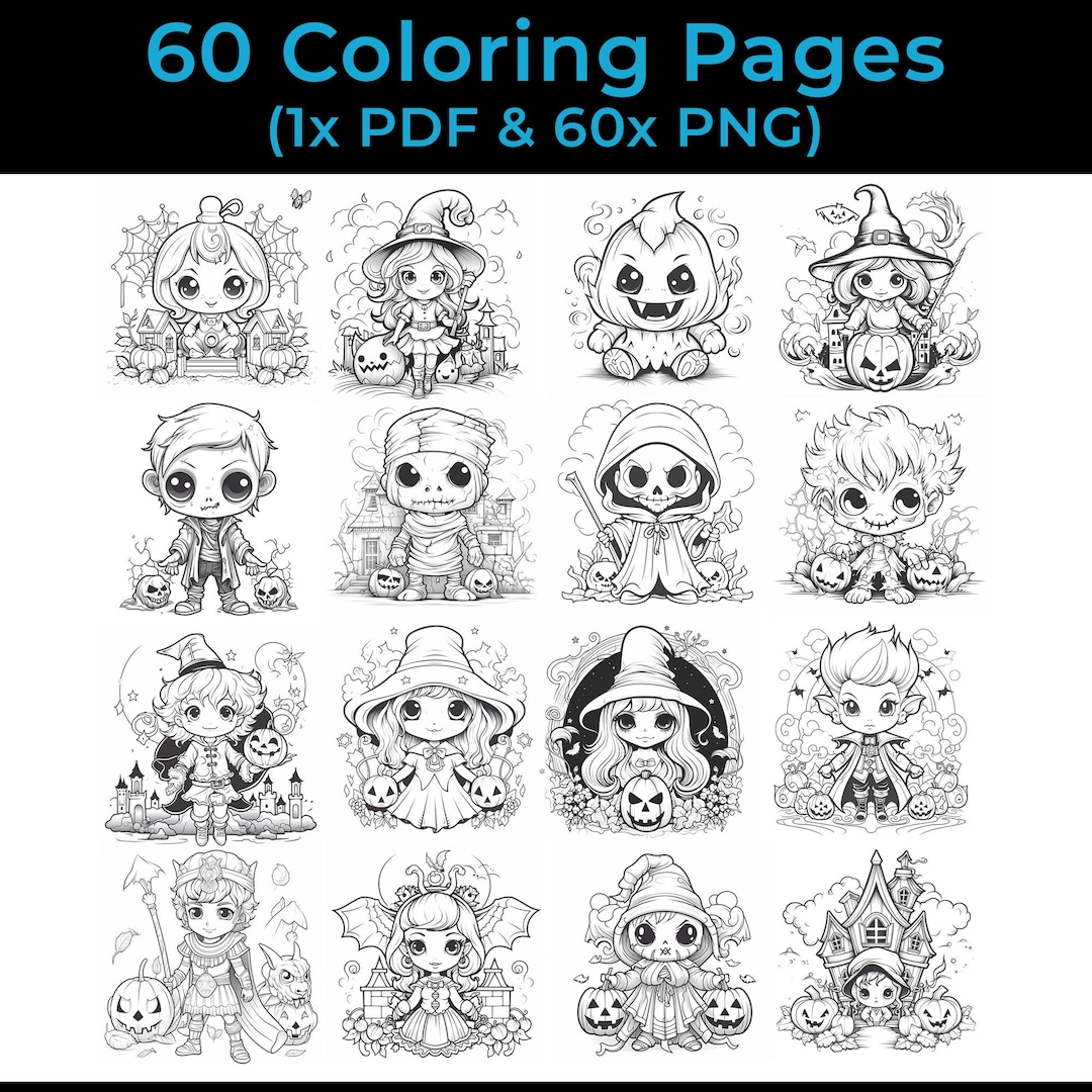 Cute Halloween Coloring Pages | 60 Pages | Anime | Kawaii | Digital ...
