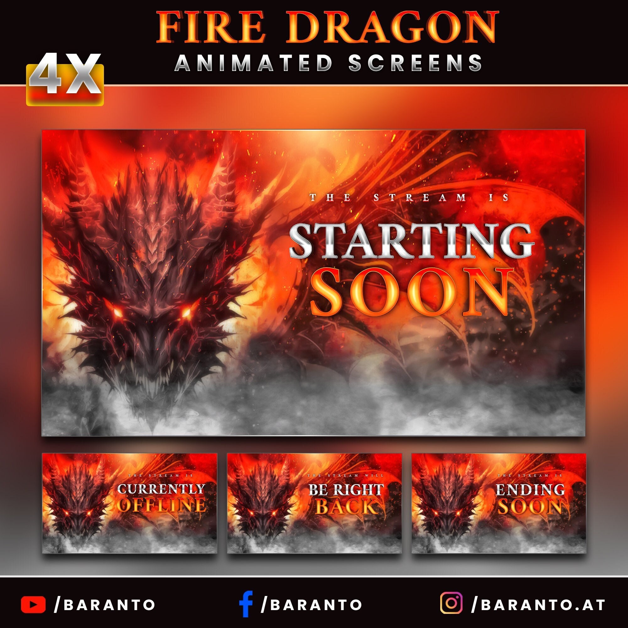 4x Animated Fire Dragon Screen Overlays Starting Soon Brb Ending ...