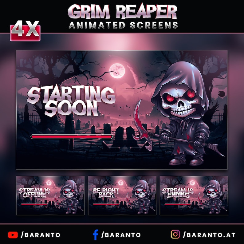 4x Animated Grim Reaper Screen Overlays | Starting Soon | Brb | Ending | Offline - Instant ...
