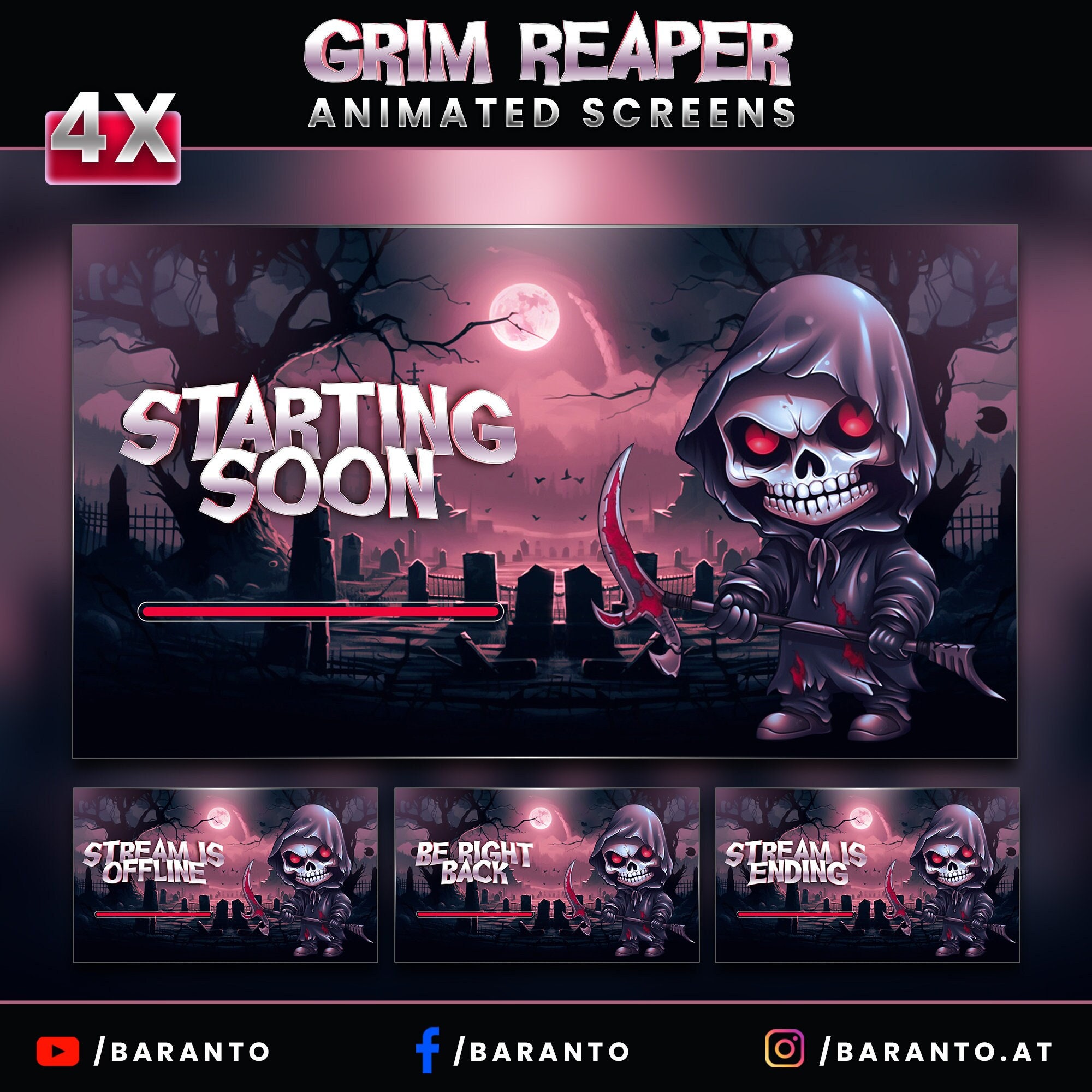 4x Animated Grim Reaper Screen Overlays | Starting Soon | Brb | Ending ...