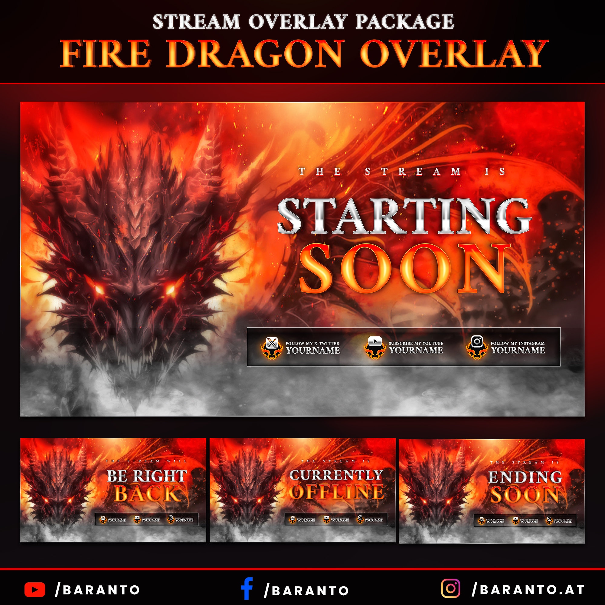 Animated Fire Dragon Twitch Overlay Package Custom Names Instant ...