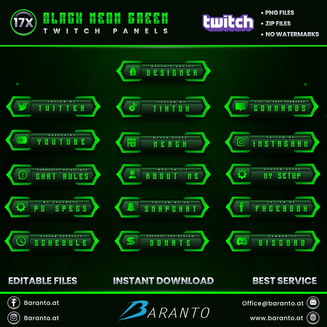 17x Twitch Panels Pack Black Neon Green Series | Twitch Panel | Stream ...